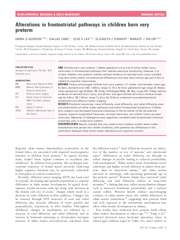 (PDF) Alterations in frontostriatal pathways in children born very preterm