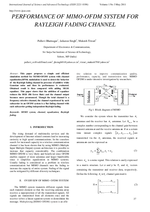 (PDF) PERFORMANCE OF MIMO-OFDM SYSTEM FOR RAYLEIGH FADING CHANNEL Fig 1. Block diagram of MIMO ...