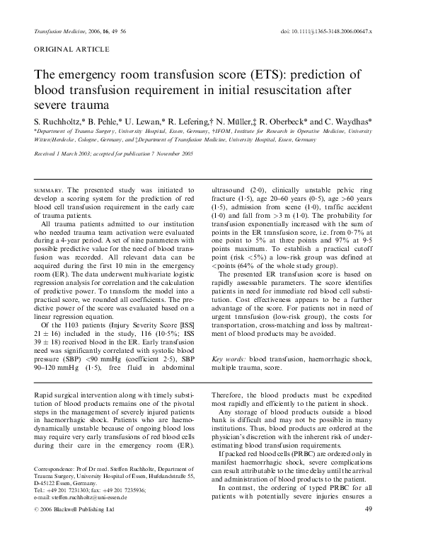 (PDF) The emergency room transfusion score (ETS): prediction of blood ...