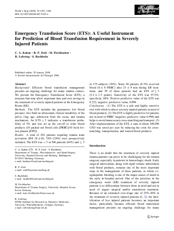 (PDF) Emergency Transfusion Score (ETS): A Useful Instrument for ...