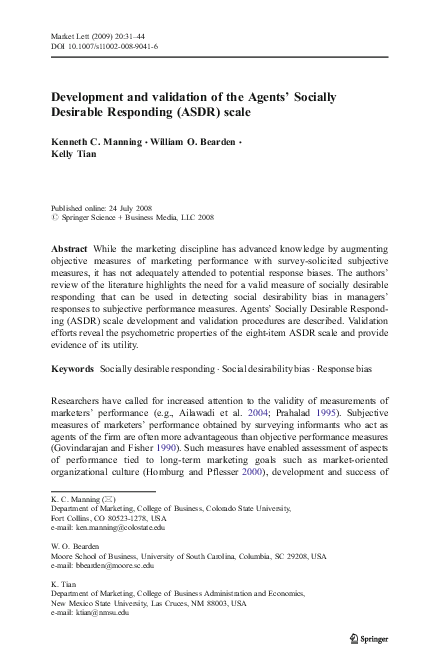 (PDF) Development and validation of the Agents’ Socially Desirable Responding (ASDR) scale