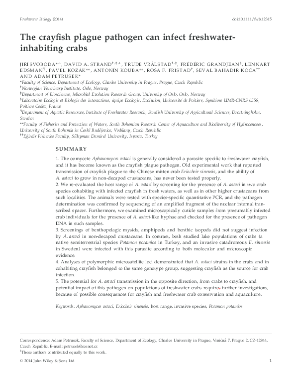 (PDF) The crayfish plague pathogen can infect freshwater-inhabiting crabs
