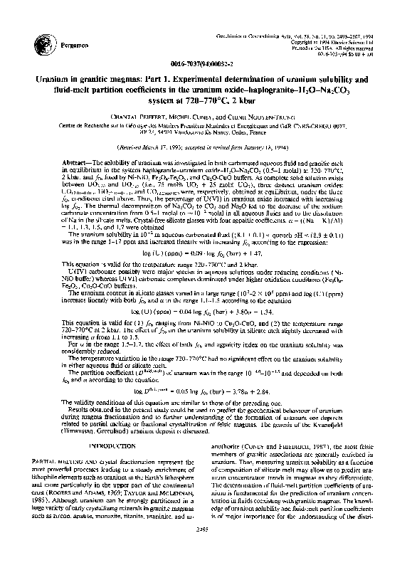 (PDF) Uranium in granitic magmas: Part 1. Experimental determination of ...