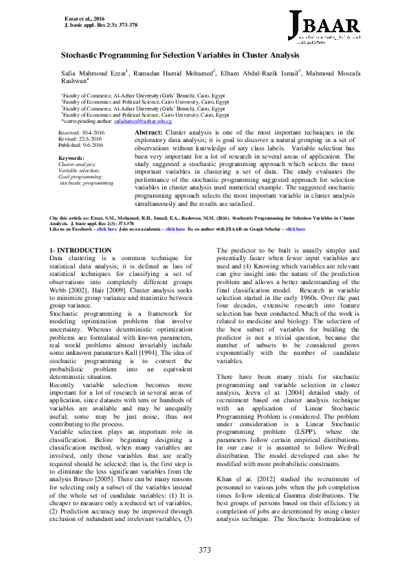 (PDF) Stochastic Programming for Selection Variables in Cluster Analysis
