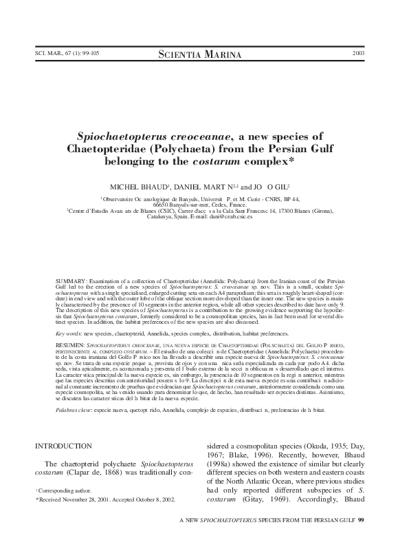 (PDF) Spiochaetopterus creoceanae, a new species of Chaetopteridae ...