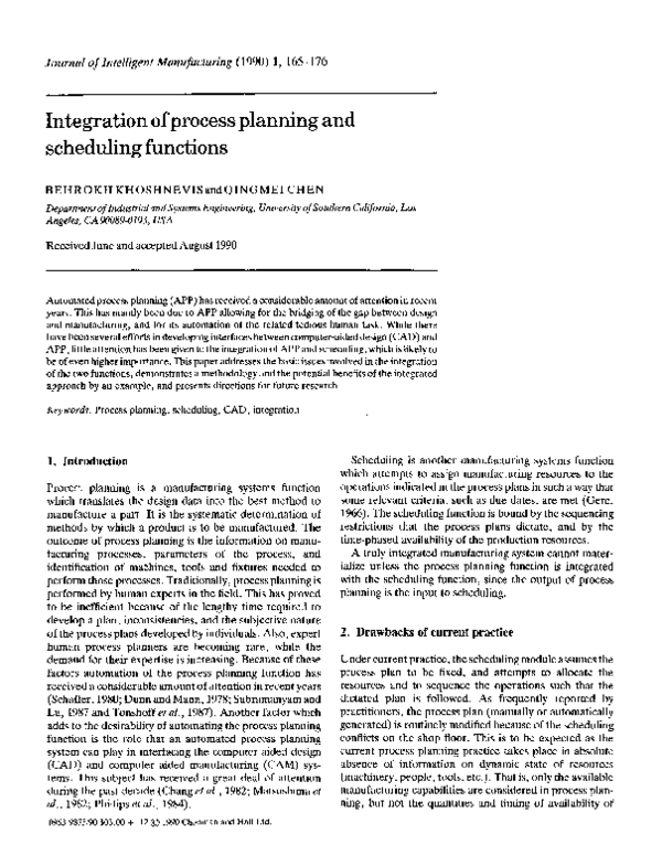 (PDF) Integration of process planning and scheduling— a review