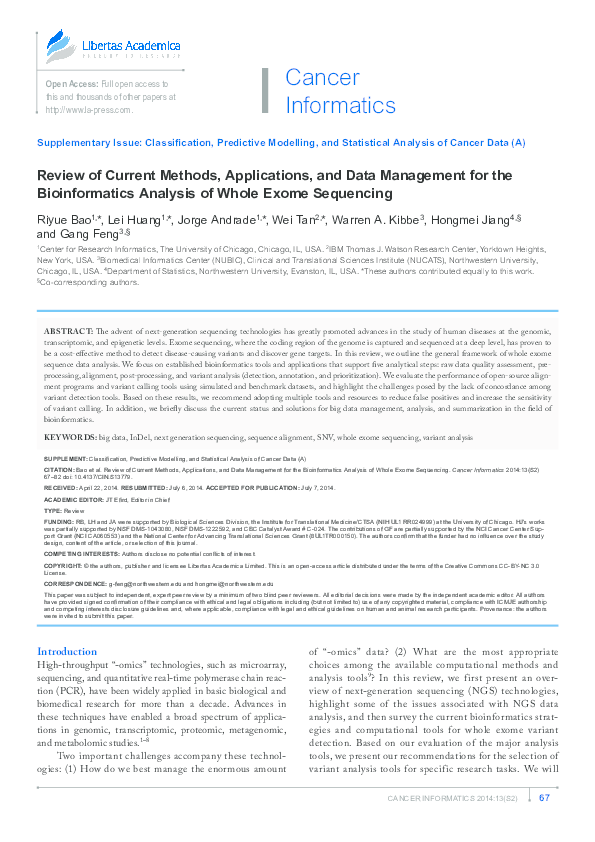 (PDF) Review of current methods, applications, and data management for the bioinformatics ...