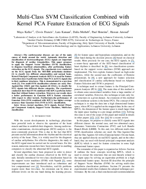 Pdf Multi Class Svm Classification Combined With Kernel Pca Feature Extraction Of Ecg Signals 