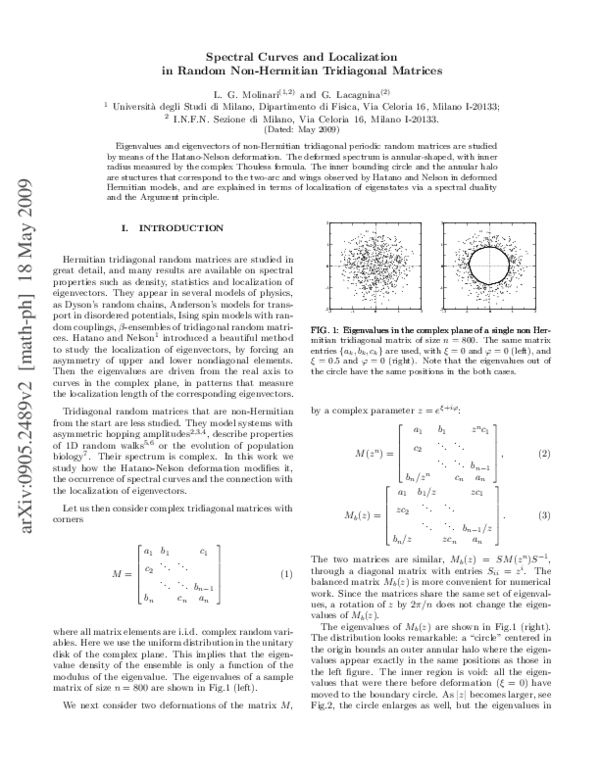 (PDF) Disk-annulus transition and localization in random non-Hermitian tridiagonal matrices