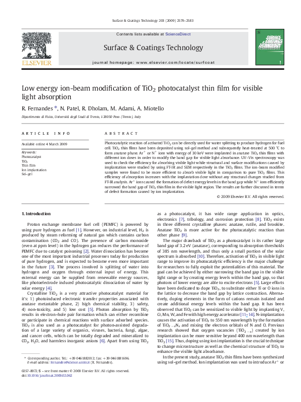(PDF) Low energy ion-beam modification of TiO2 photocatalyst thin film for visible light absorption
