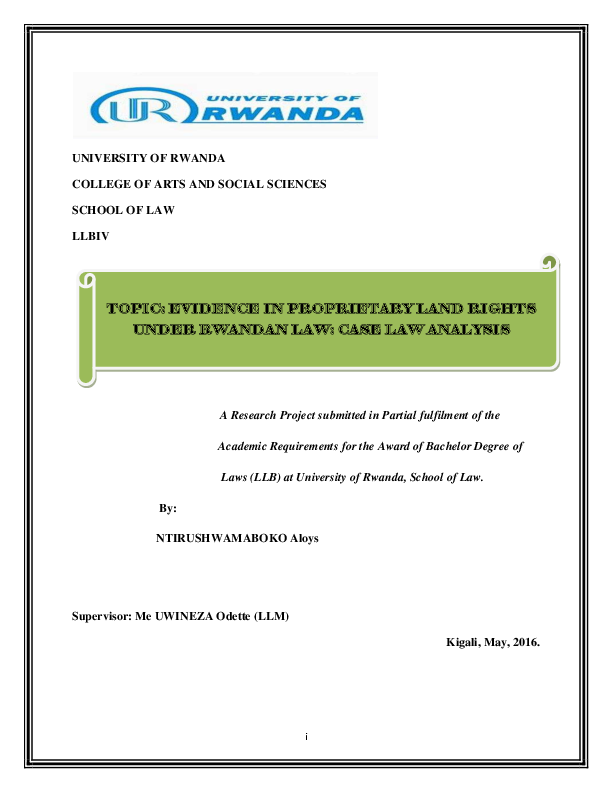(PDF) TOPIC: EVIDENCE IN PROPRIETARY LAND RIGHTS UNDER RWANDAN LAW: CASE LAW ANALYSIS