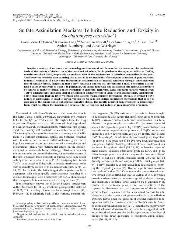 (PDF) Sulfate assimilation mediates tellurite reduction and toxicity in ...