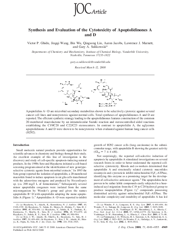 (PDF) Synthesis and Evaluation of the Cytotoxicity of Apoptolidinones A ...
