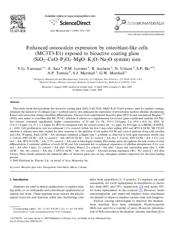 (PDF) Enhanced osteocalcin expression by osteoblast-like cells (MC3T3-E1) exposed to bioactive ...