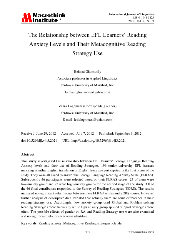 Pdf The Relationship Between Efl Learners Reading Anxiety Levels And Their Metacognitive