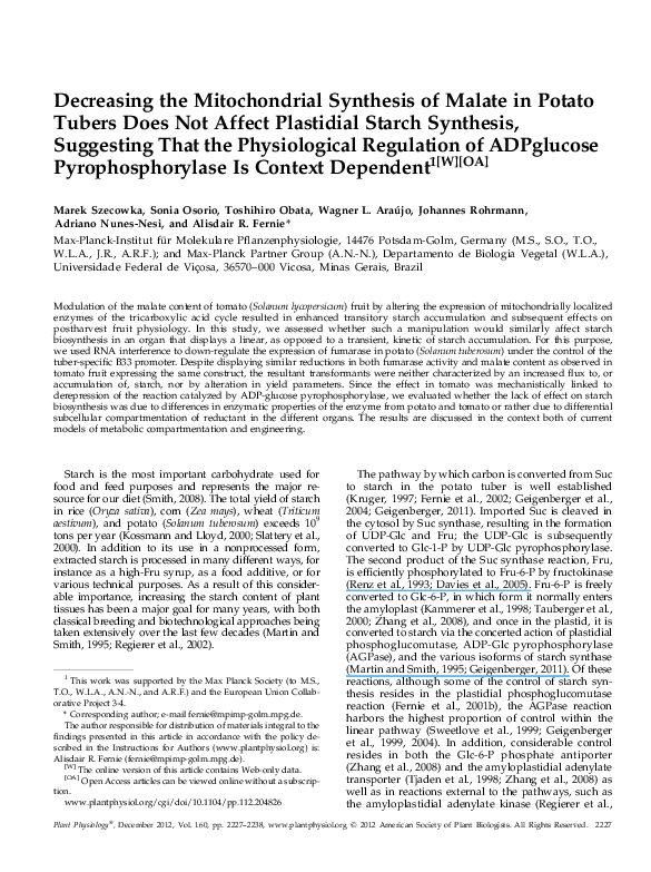 (PDF) Decreasing the mitochondrial synthesis of malate in potato tubers ...