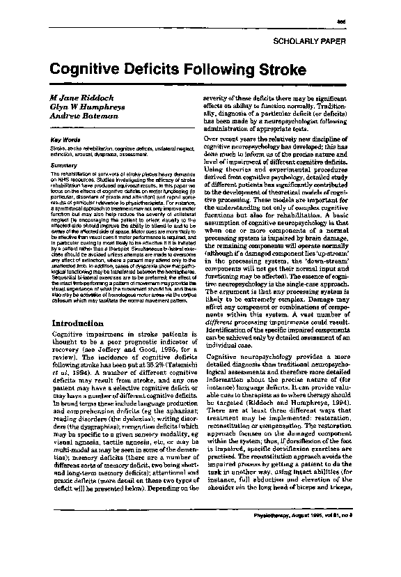 (PDF) Cognitive Deficits Following Stroke