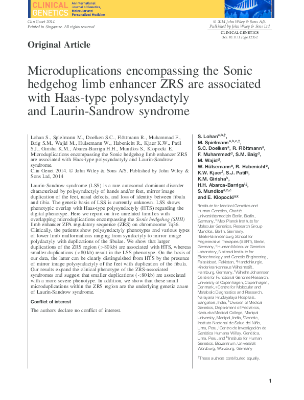 (PDF) Microduplications encompassing the Sonic hedgehog limb enhancer ...