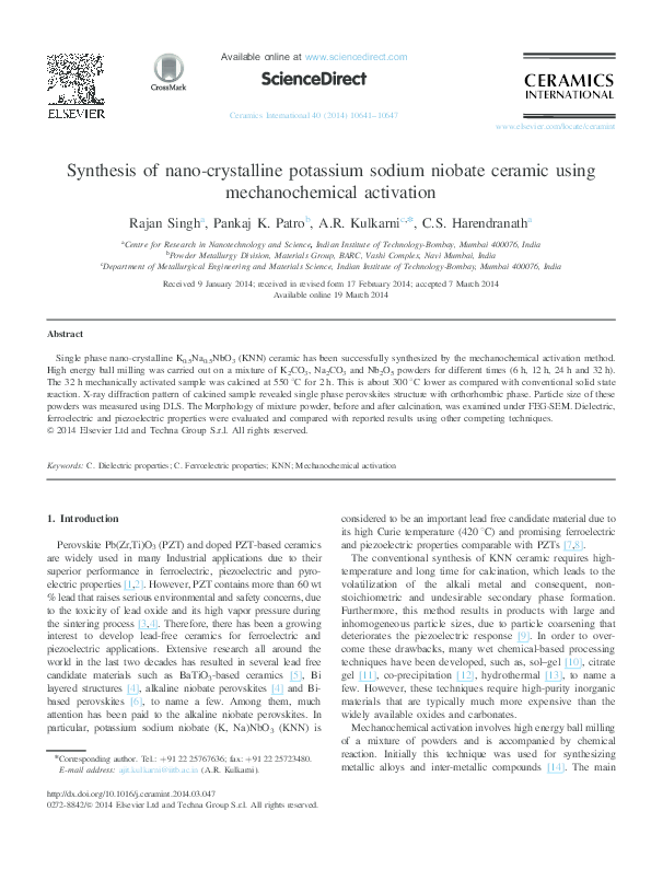 (PDF) Synthesis of nano-crystalline potassium sodium niobate ceramic ...