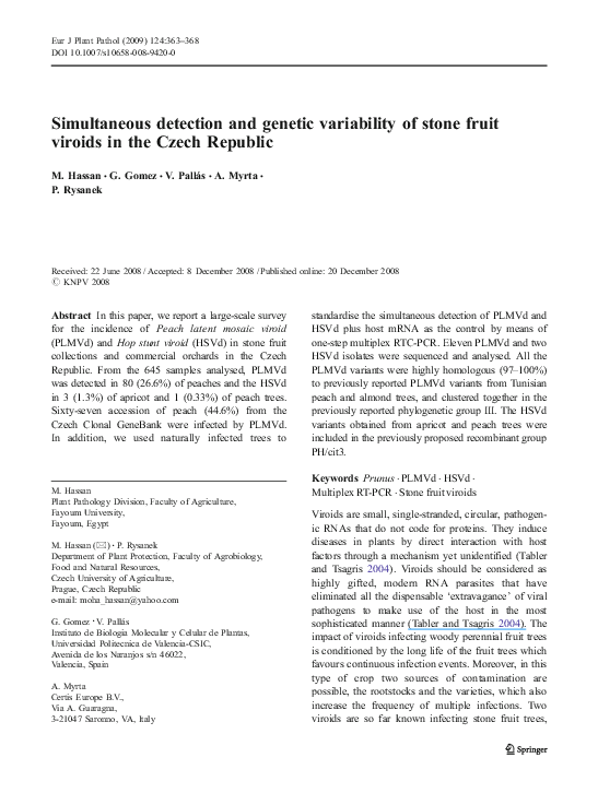 Pdf Simultaneous Detection And Genetic Variability Of Stone Fruit Viroids In The Czech Republic