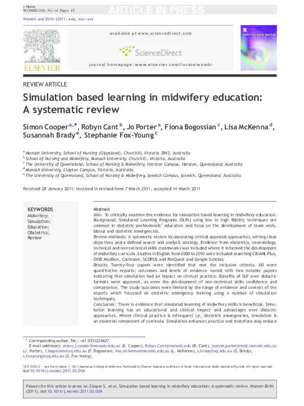 (PDF) Simulation based learning in midwifery education: A systematic ...