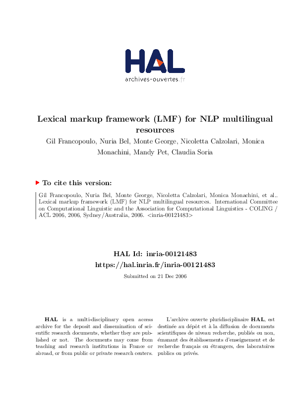 Pdf Lexical Markup Framework Lmf For Nlp Multilingual Resources