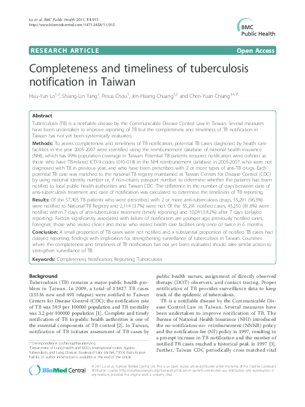 (PDF) Completeness and timeliness of tuberculosis notification in Taiwan