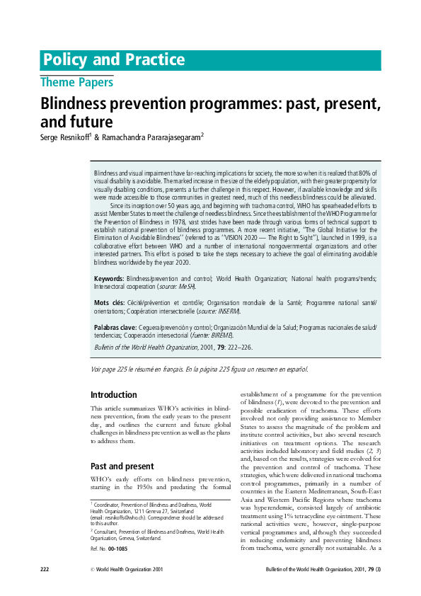 (PDF) Blindness prevention programmes: past, present, and future