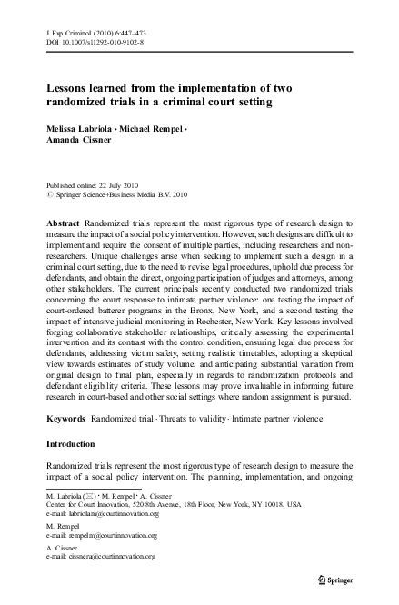 Pdf Lessons Learned From The Implementation Of Two Randomized Trials In A Criminal Court Setting
