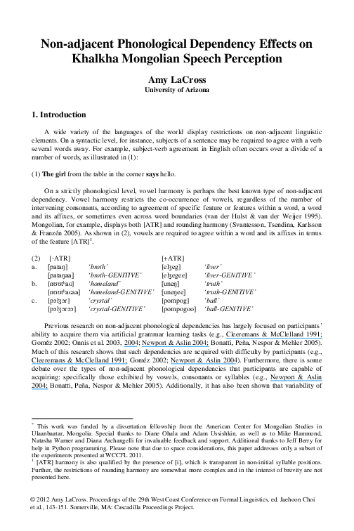 (PDF) Non-adjacent Phonological Dependency Effects on Khalkha Mongolian Speech Perception