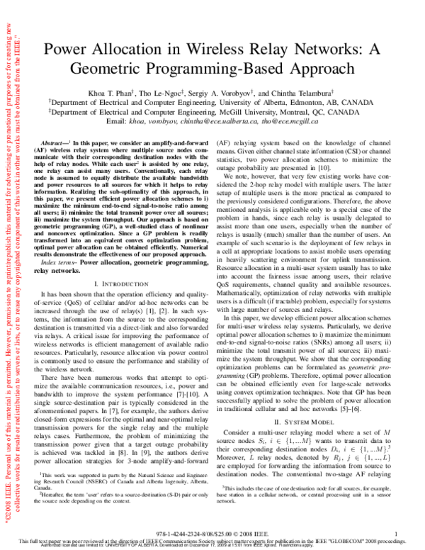 Pdf Power Allocation In Wireless Relay Networks A Geometric
