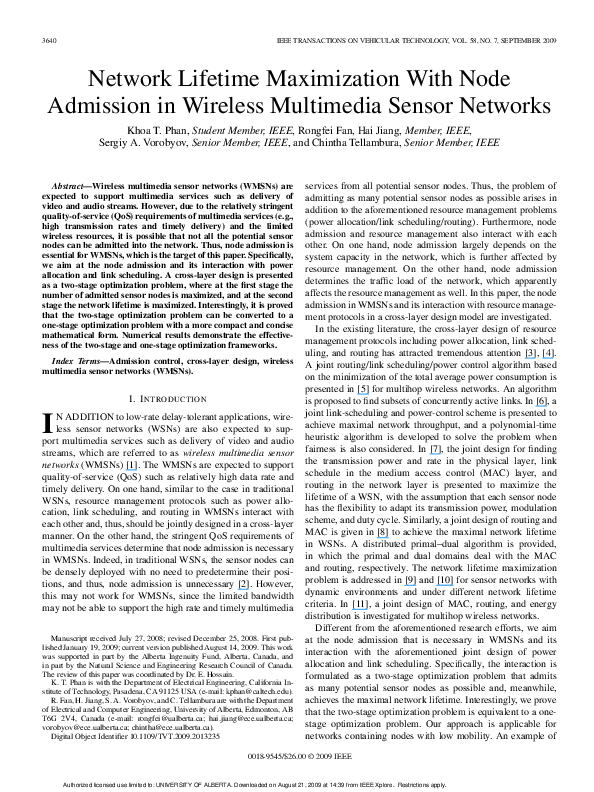(PDF) Network lifetime maximization with node admission in wireless multimedia sensor networks