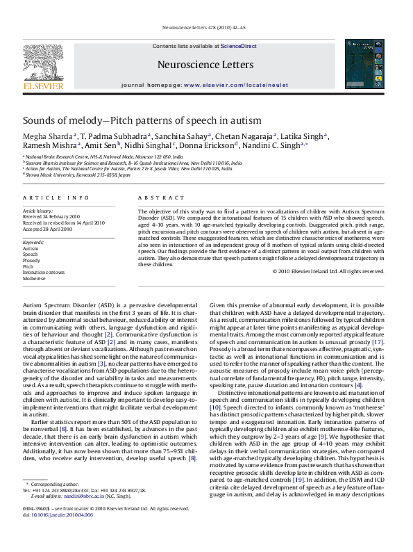 (PDF) Sounds of melody--pitch patterns of speech in autism