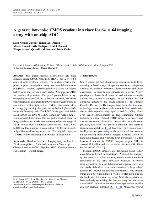 Pdf A Generic Low Noise Cmos Readout Interface For 64 × 64 Imaging Array With On Chip Adc
