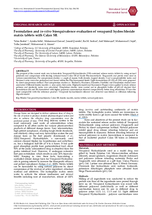 Pdf Formulation And In Vitro Bioequivalence Evaluation Of Verapamil Hydrochloride Matrix