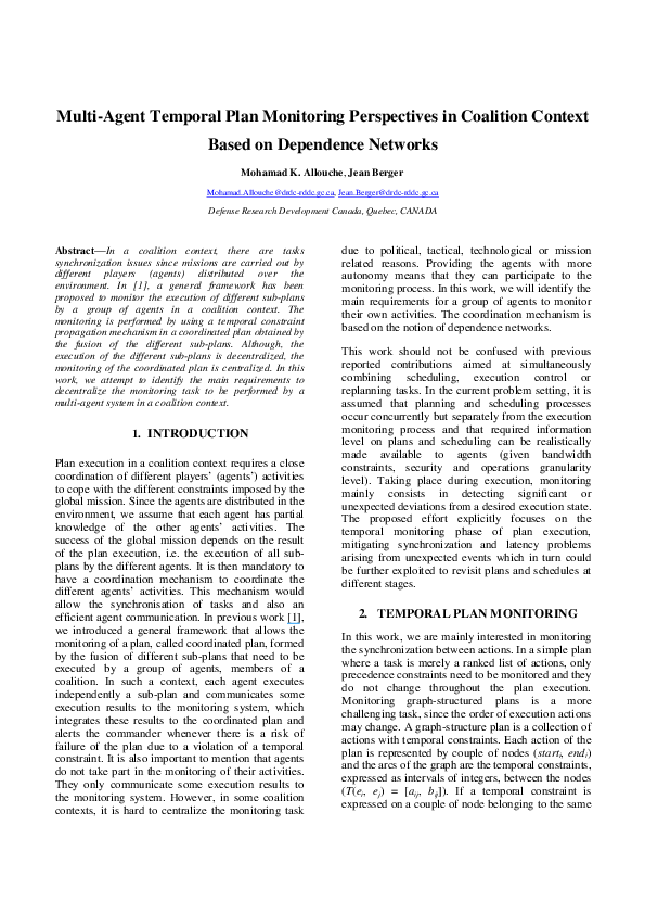 (PDF) Multi-Agent Temporal Plan Monitoring Perspectives in Coalition Context Based on Dependence ...