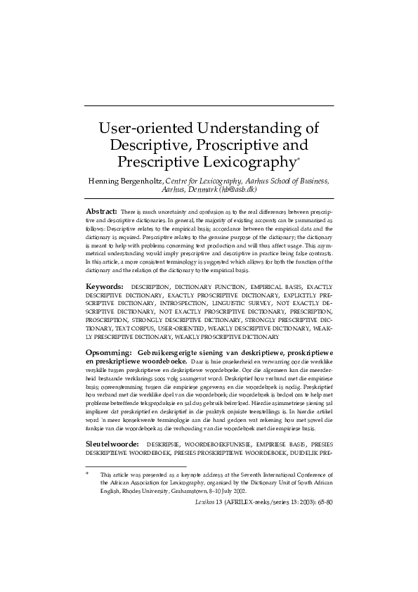 (PDF) User-oriented understanding of descriptive, proscriptive and prescriptive lexicography