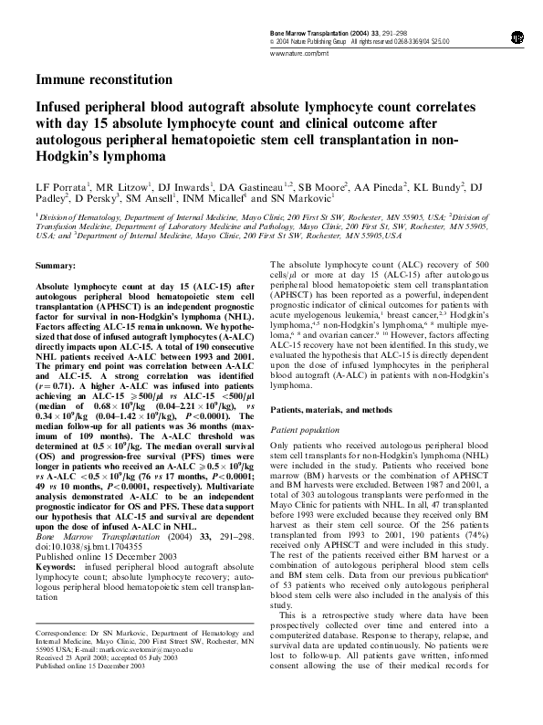 (PDF) Infused peripheral blood autograft absolute lymphocyte count ...