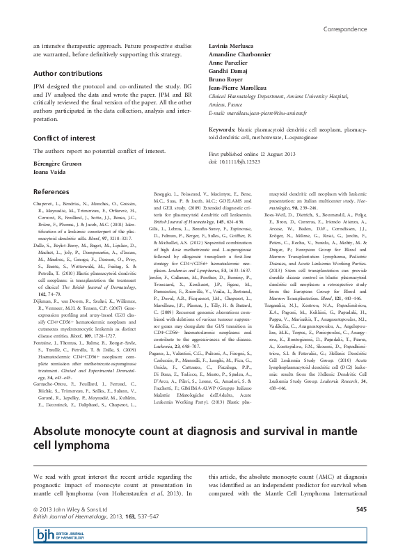 (PDF) Absolute monocyte count at diagnosis and survival in mantle cell ...