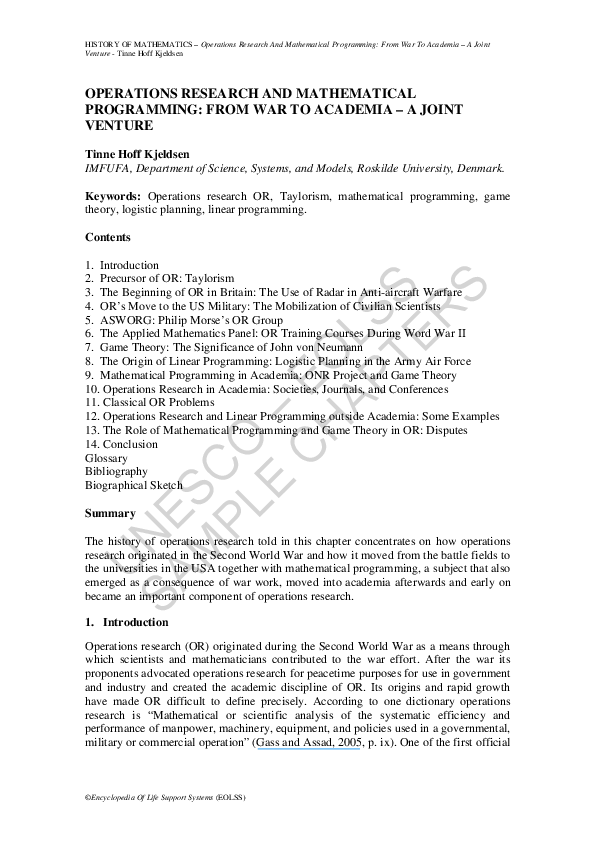 (PDF) Operations Research and Mathematical Programming: From War to ...