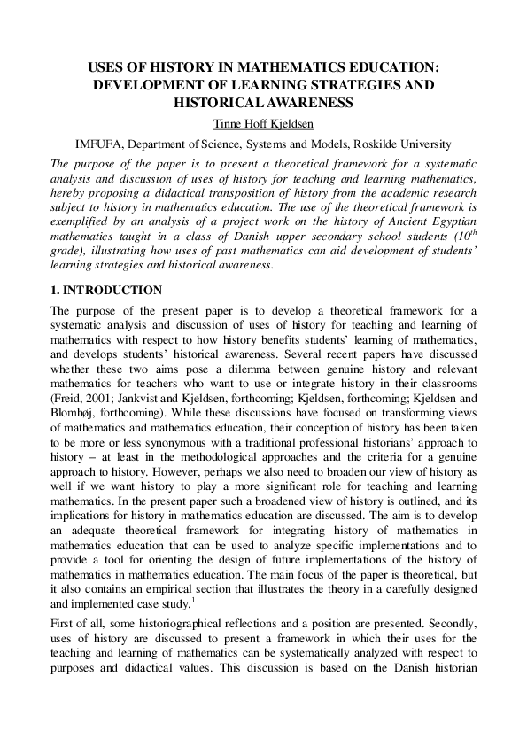 (PDF) Uses of History in Mathematics Education: Development of Learning ...