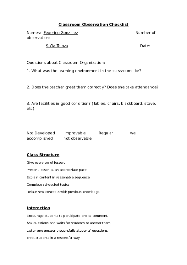 (DOC) Classroom Observation Checklist
