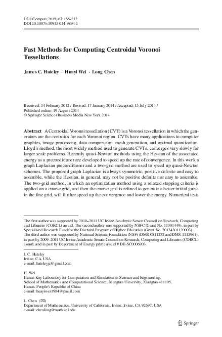 (PDF) Fast Methods for Computing Centroidal Voronoi Tessellations
