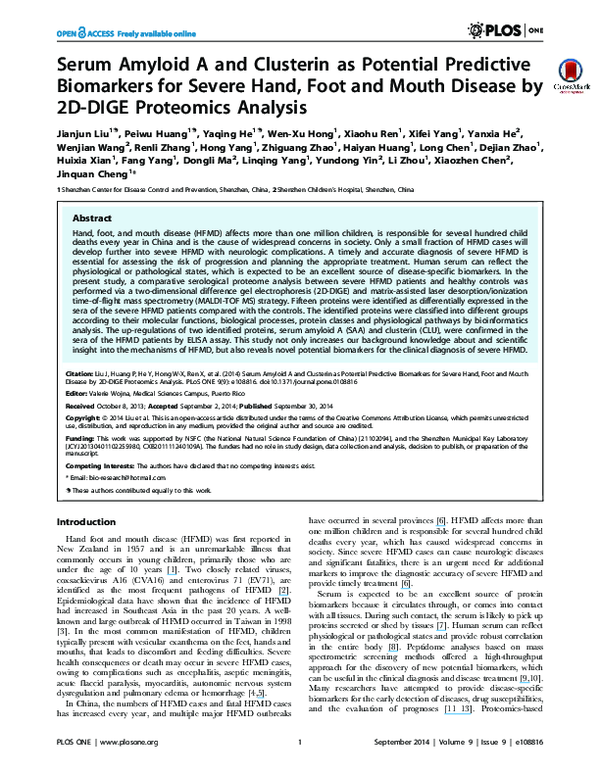 (PDF) Serum amyloid A and clusterin as potential predictive biomarkers for severe hand, foot and ...