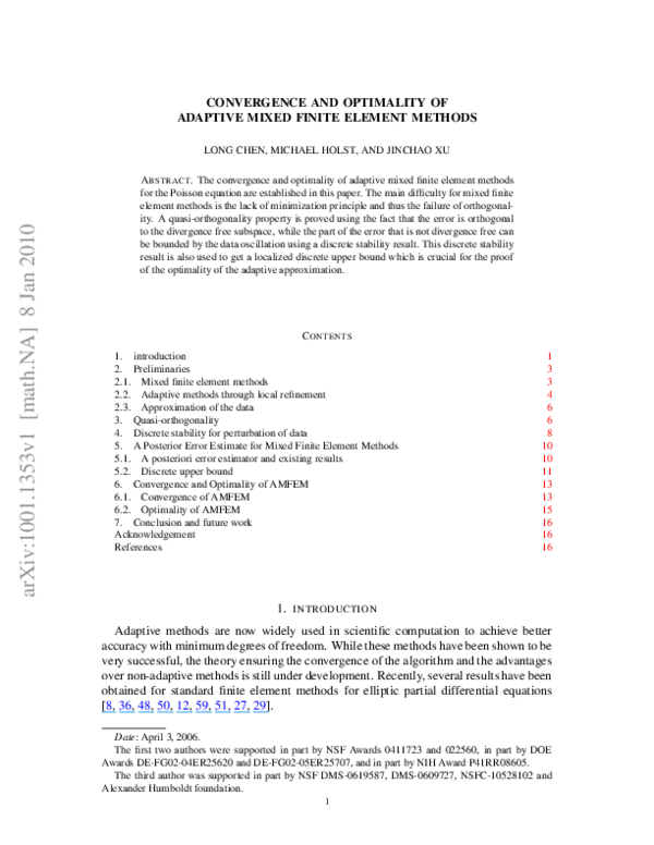 Pdf Convergence And Optimality Of Adaptive Mixed Finite Element Methods