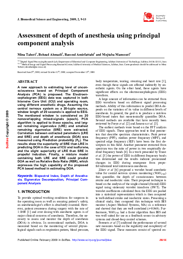 (PDF) Assessment of depth of anesthesia using principal component analysis