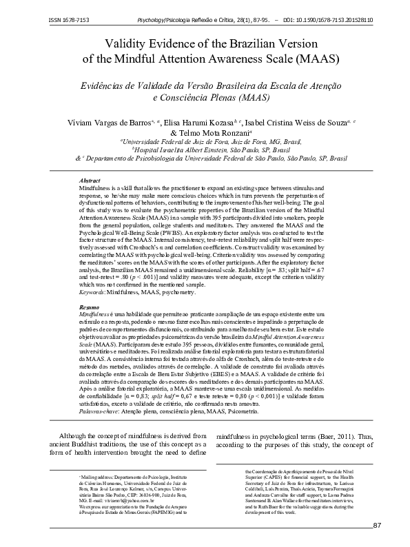 (PDF) Validity evidence of the brazilian version of the Mindful ...