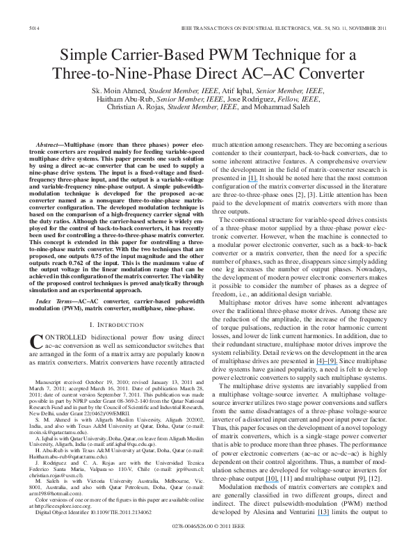 (PDF) Simple Carrier-Based PWM Technique for a Three-to-Nine-Phase Direct AC–AC Converter