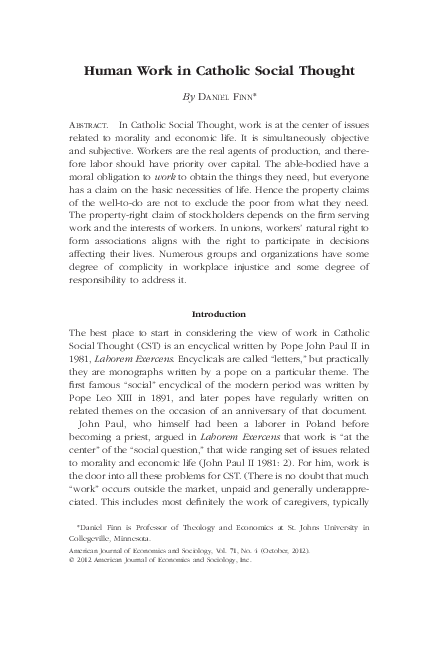(PDF) Human Work in Catholic Social Thought