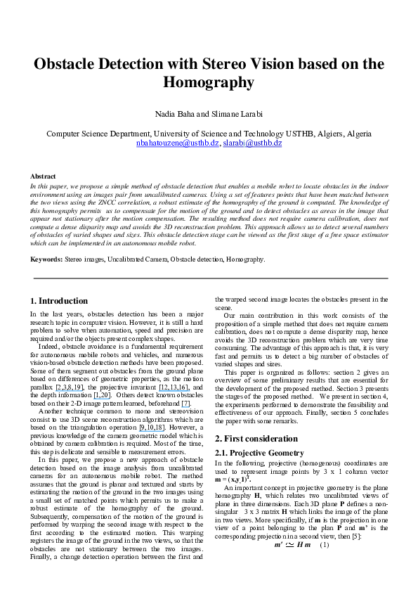 Pdf Obstacle Detection With Stereo Vision Based On The Homography